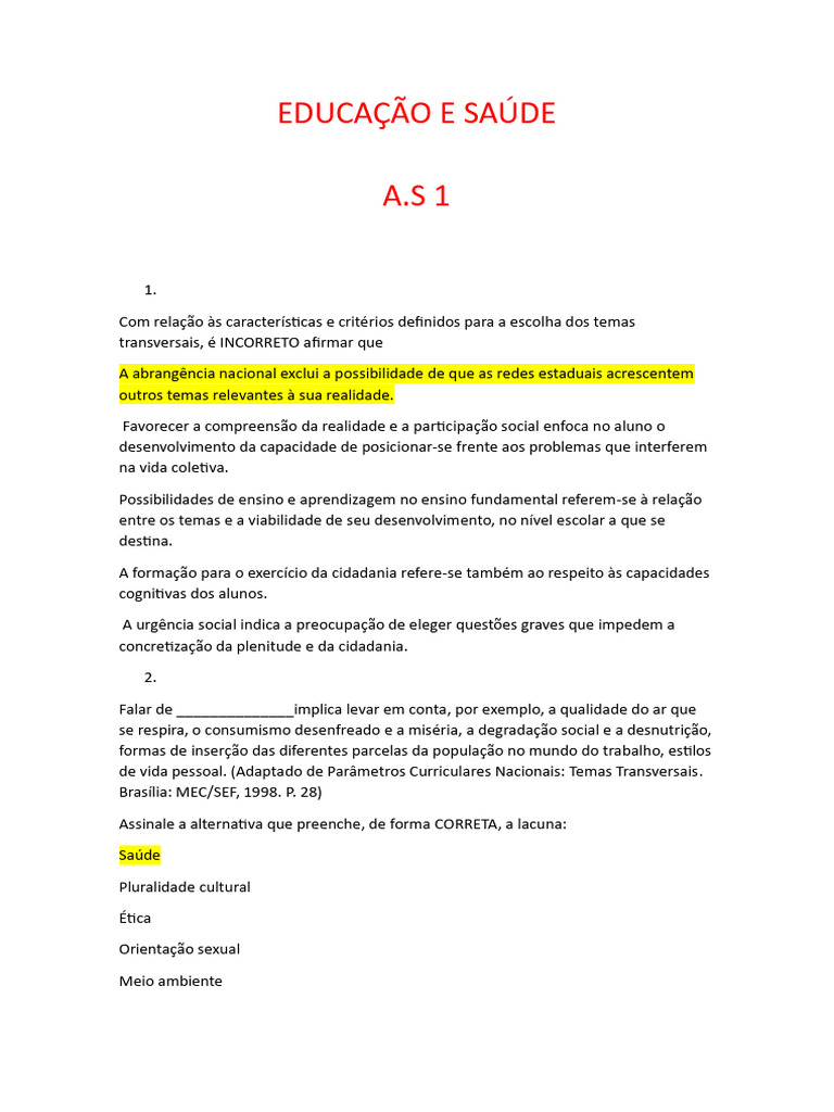 A.S EDUCA+ç+âO E SA+ÜDE - CORRETAS | PDF | Promoção de saúde