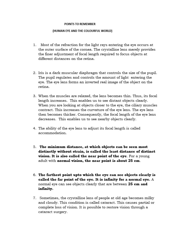 Points To Remember Human Eye | PDF | Eye | Human Eye