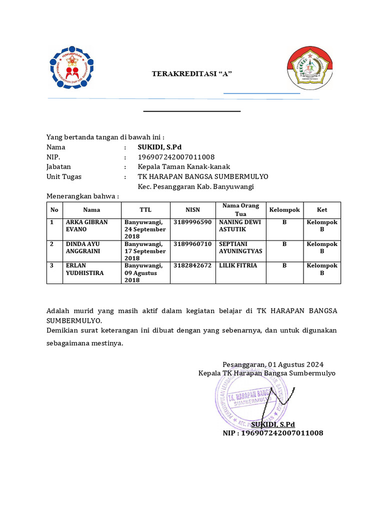 SURAT KETERANGAN AKTIF 2024 Dapodik TK HB | PDF