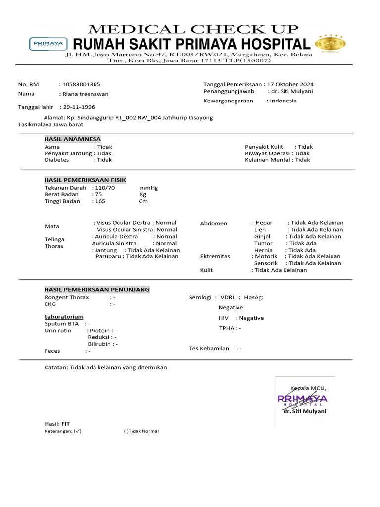 Hasil Pemeriksaan Medical Check Up Primaya Hospital | PDF