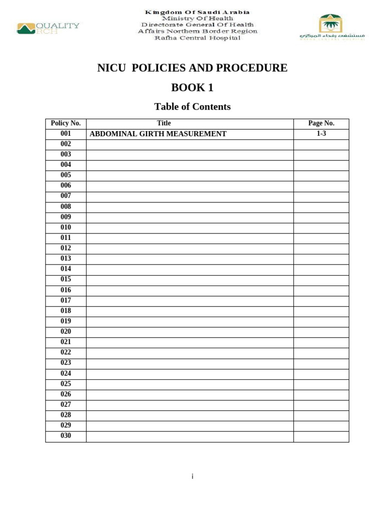 1 - 1140 - Nicu Policies and Procedure Table of Contents | PDF