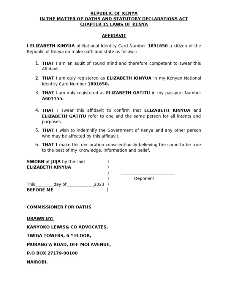 Affidavit of Names in Kenya Sample | PDF