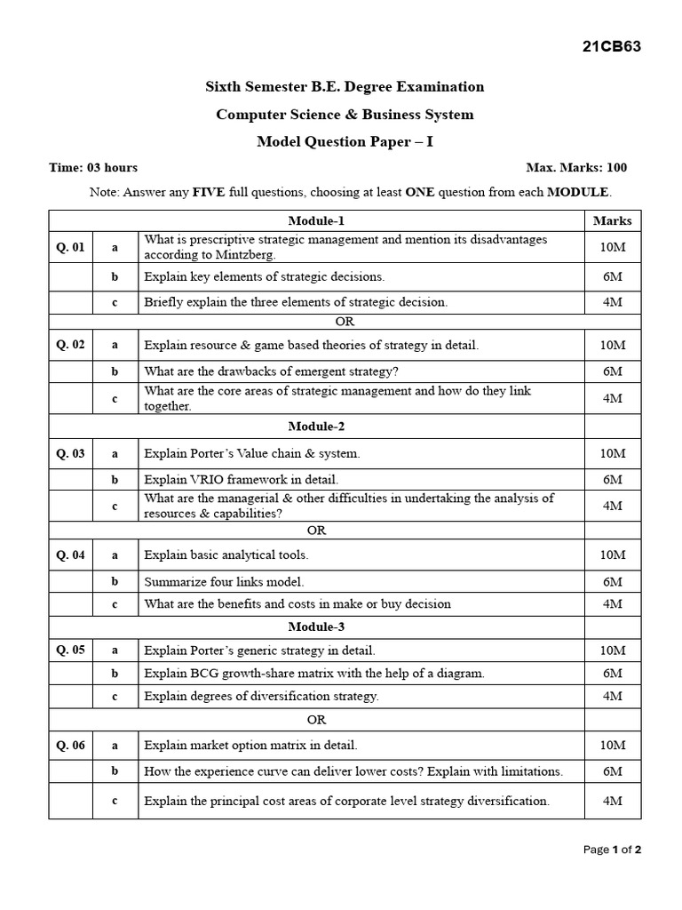 21CB63 Business Strategy Model QP | PDF | Strategic Management | Business