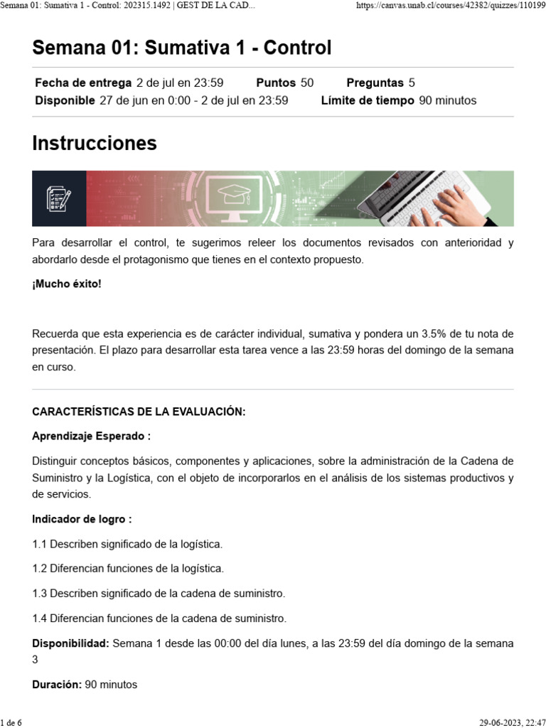 Semana 01 Sumativa 1 - Control 202315 | PDF | Cadena de suministro | Gestión de la cadena de ...