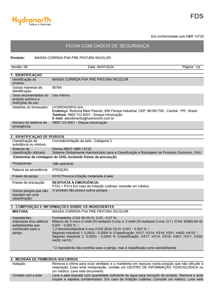 Massa Corrida Pva Pre Pintura Incolor - Fispq | PDF | Temperatura | Densidade