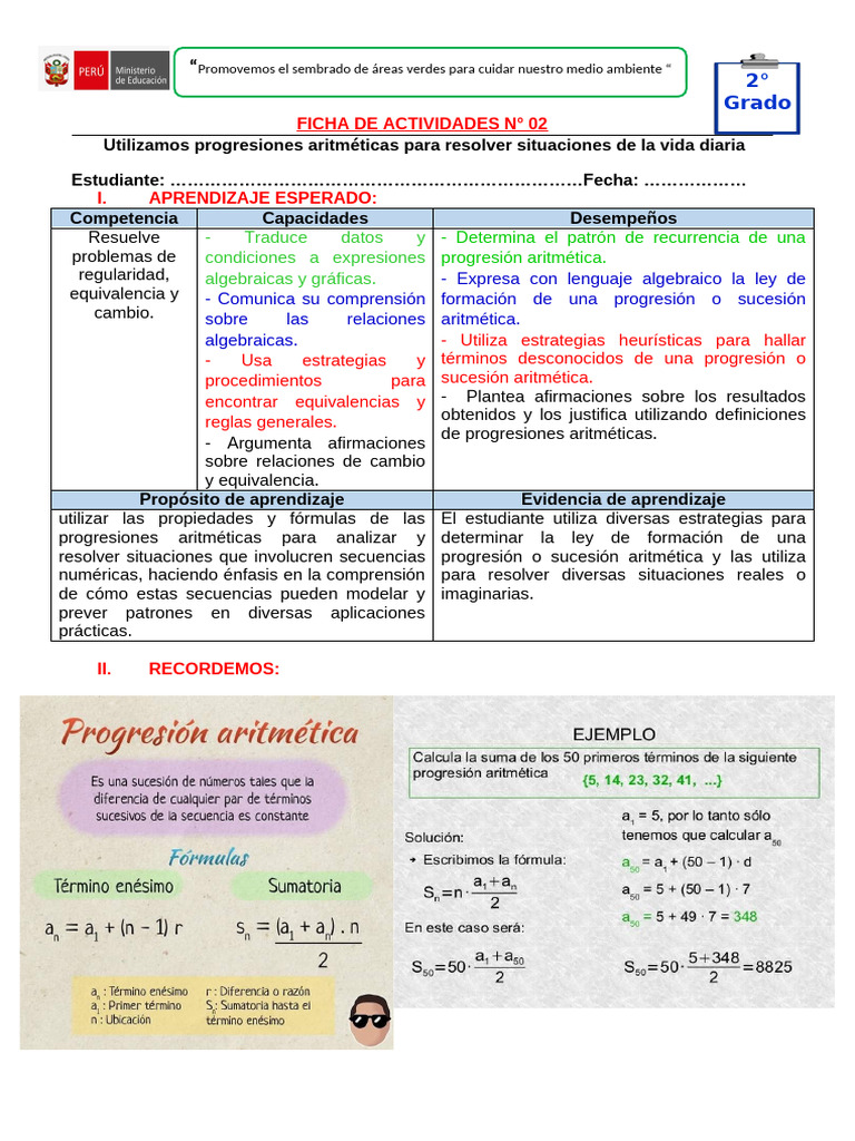 FICHA DE ACTIVIDADES #2 Progresiones Aritmeticas | PDF | Aritmética | Aprendizaje