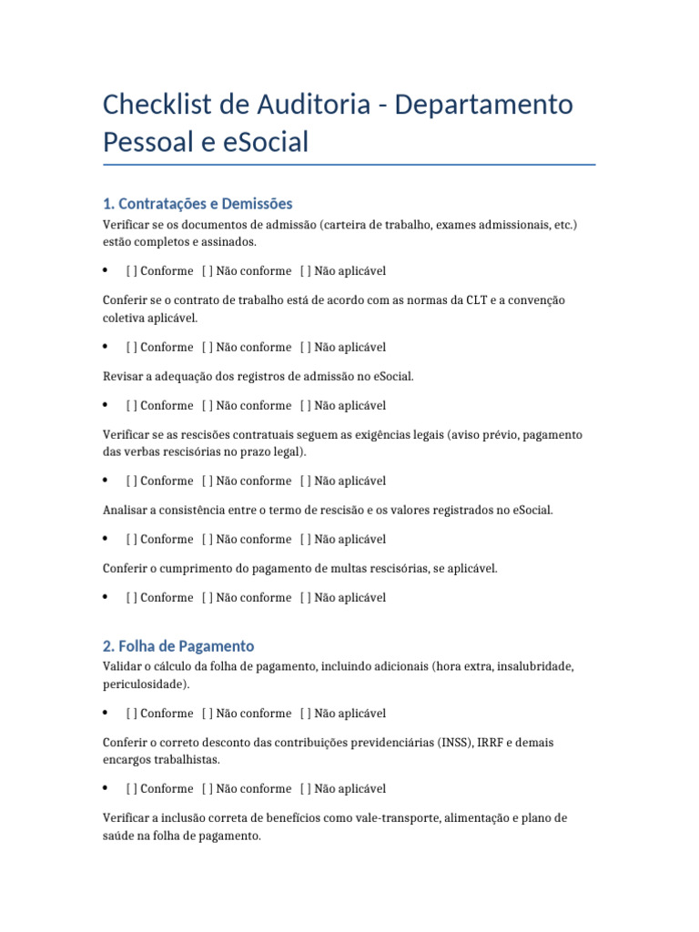 Checklist de Auditoria - DP e eSocial | PDF | Gestão de recursos ...