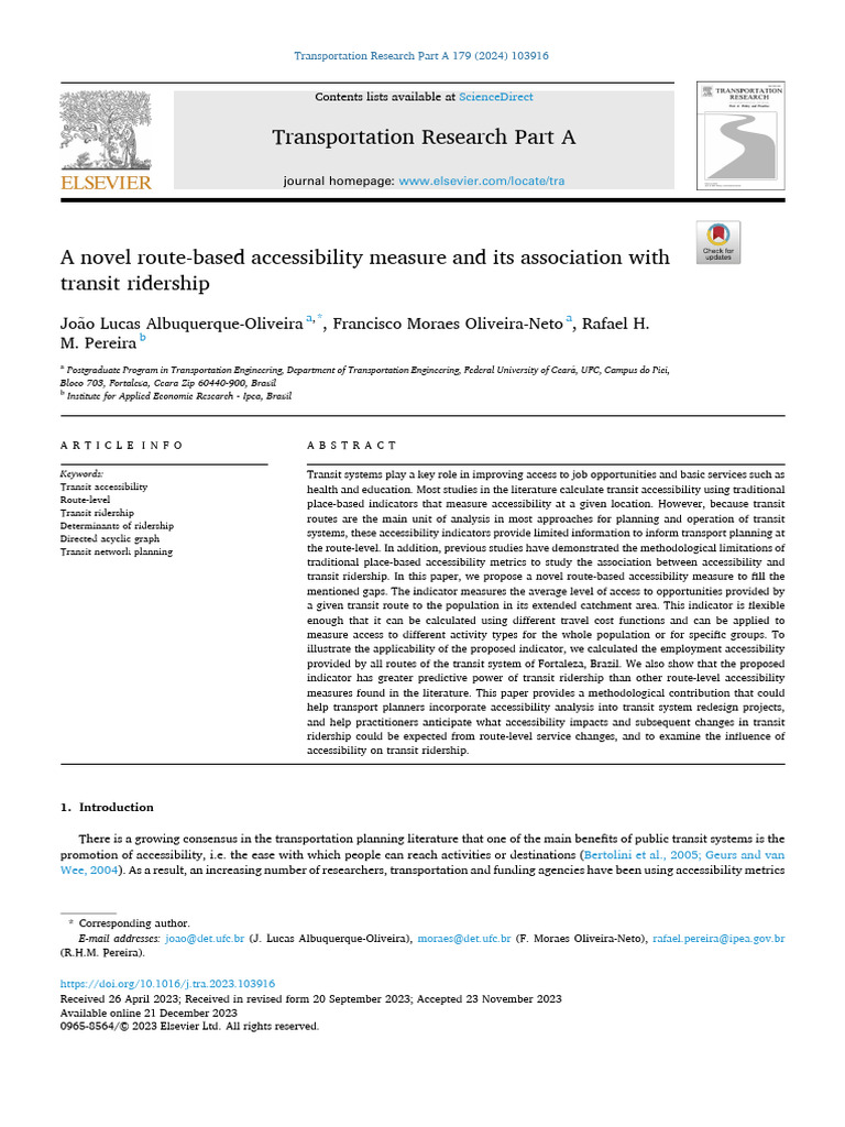 A Novel Route-Based Accessibility Measure and Its Association With Transit Ridership | PDF ...
