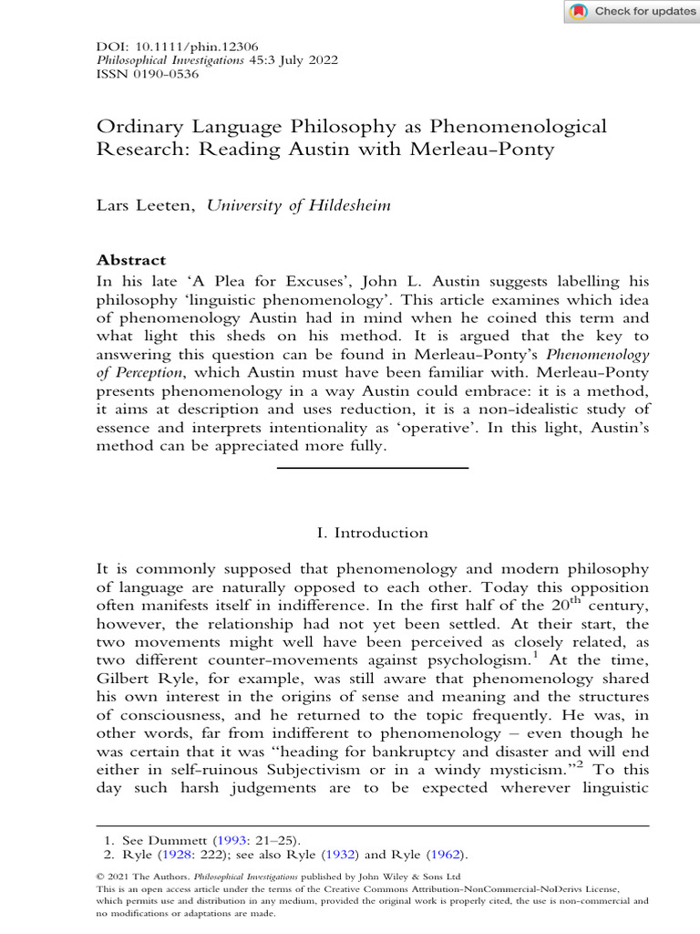 Ordinary Language Philosophy As Phenomenological Research Reading ...