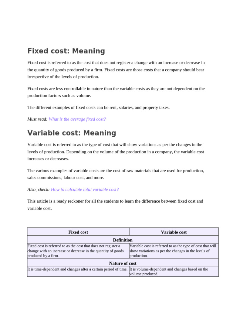 Fixed Cost And Variable Cost Pdf Cost Financial Accounting