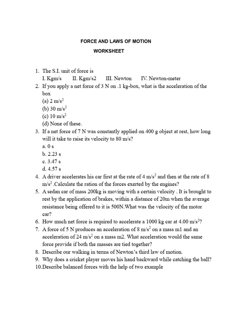 Force and Laws Motion WS1 | PDF