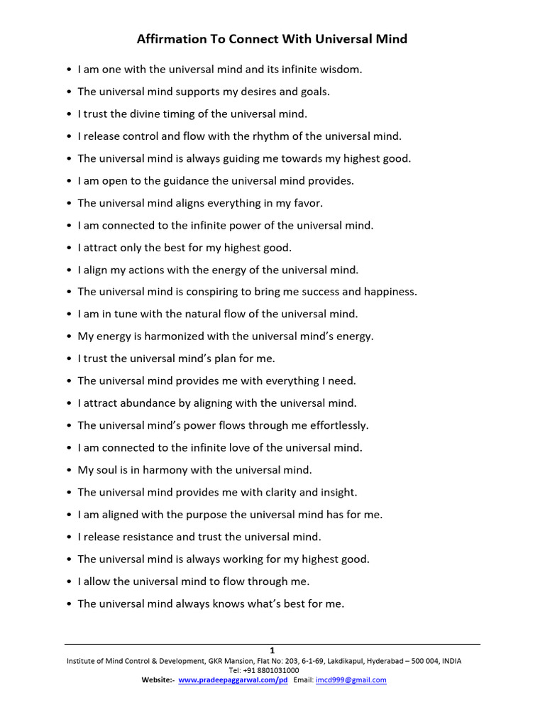 Affirmation To Connect With Universal Mind | PDF | Mind | Religious ...