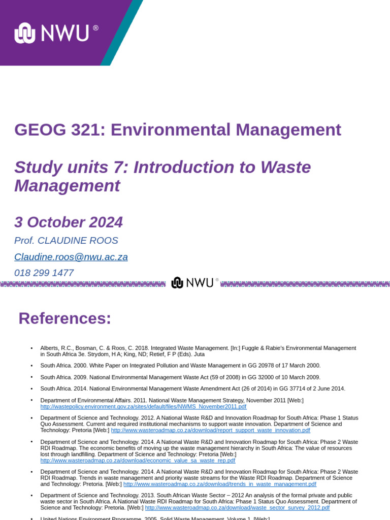 GEOG 321 Study Unit 7 - Waste Management-01 | PDF | Waste | Waste Management