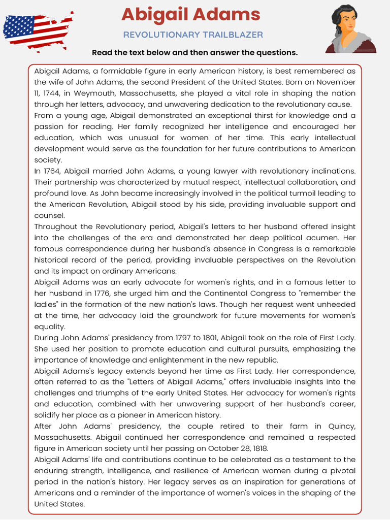 Abigail Adams Reading Comprehension | PDF | Abigail Adams | John Adams