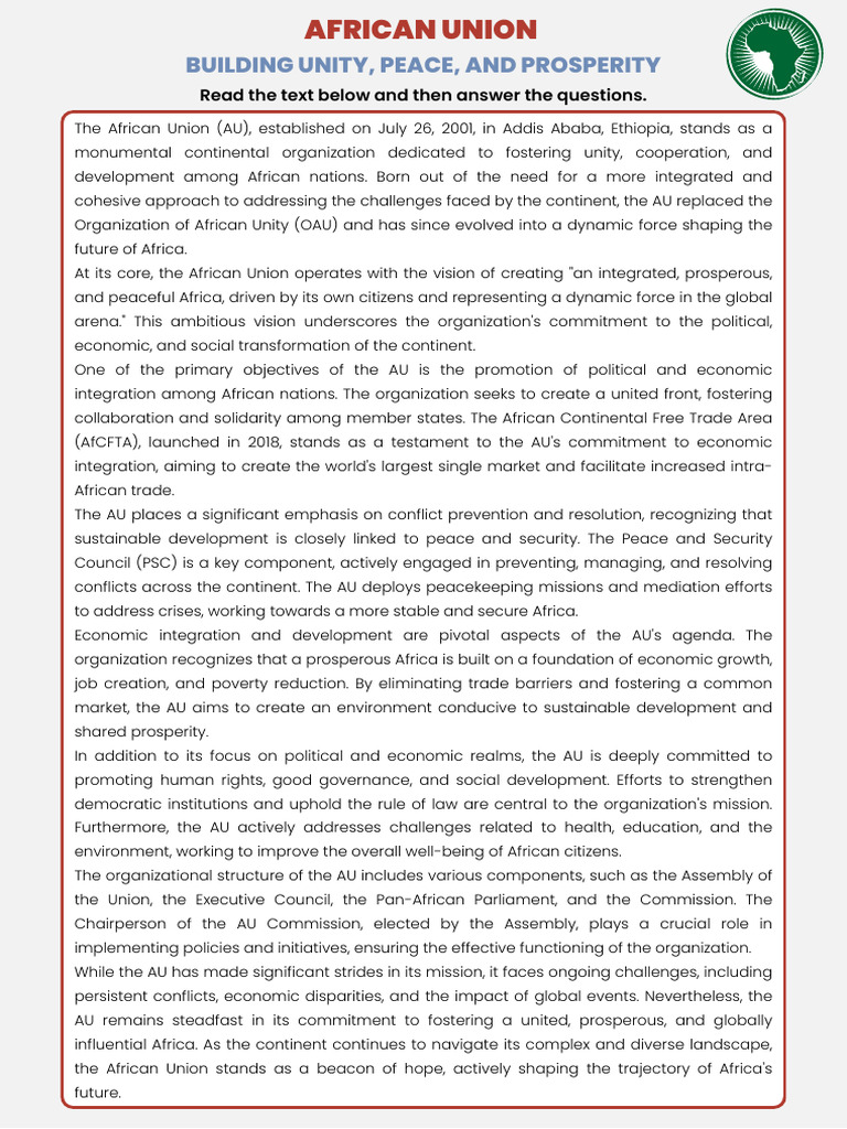 African Union: Unity, Peace, Prosperity | PDF | African Union | Africa