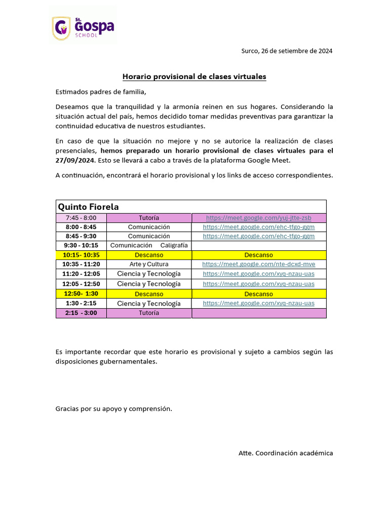Horario Provisional de Clases Virtuales - 5°fiorela | PDF