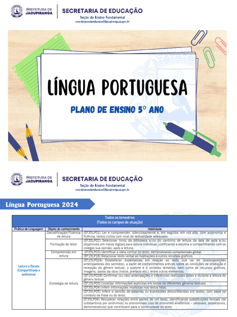 Planos de Ensino 5º Ano Língua Portuguesa | PDF | Discurso | Narrativa