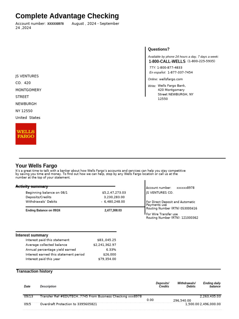 Wells Fargo Bank Statement Summary 2024 | PDF | Transaction Account ...