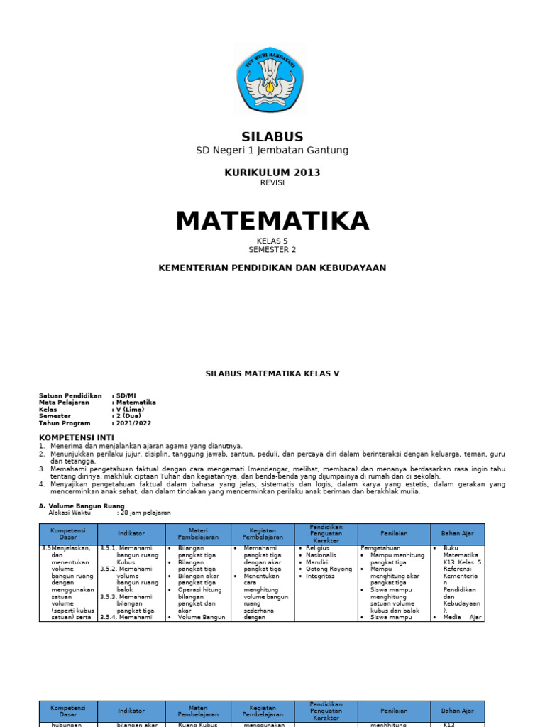 Silabus Matematika Kelas 5 Sem 2 | PDF