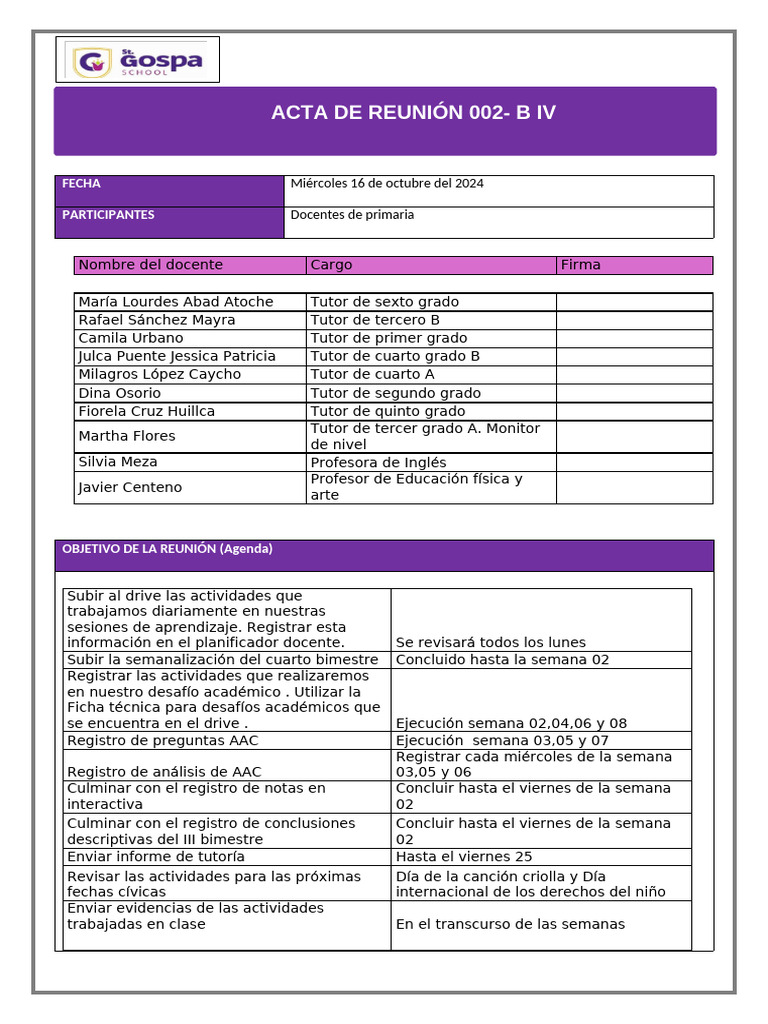 Acta de Reunión 002 - b IV - Nivel Primaria | PDF