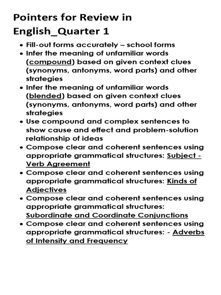Pointers For Review in English Filipino EPP and MAPEH V First Quarter | PDF | Word | Grammar