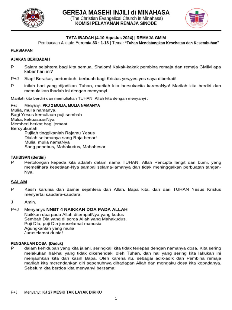 Tata Ibadah Remaja GMIM 04-10 Agustus 2024 | PDF