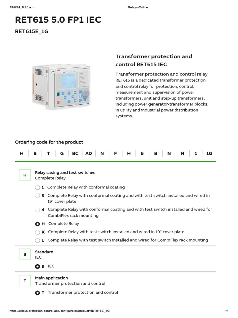 Ret615 Hbtgbcadnfh5bnn11g | PDF | Transformer | Relay