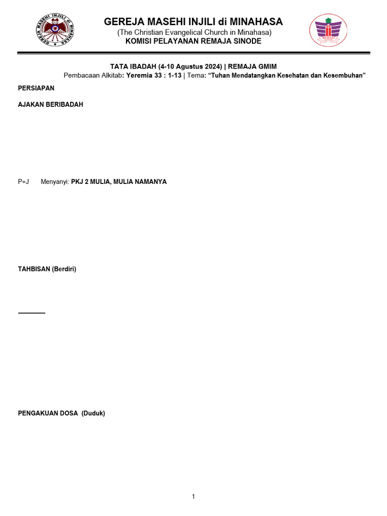 Tata Ibadah Remaja GMIM 04-10 Agustus 2024 | PDF