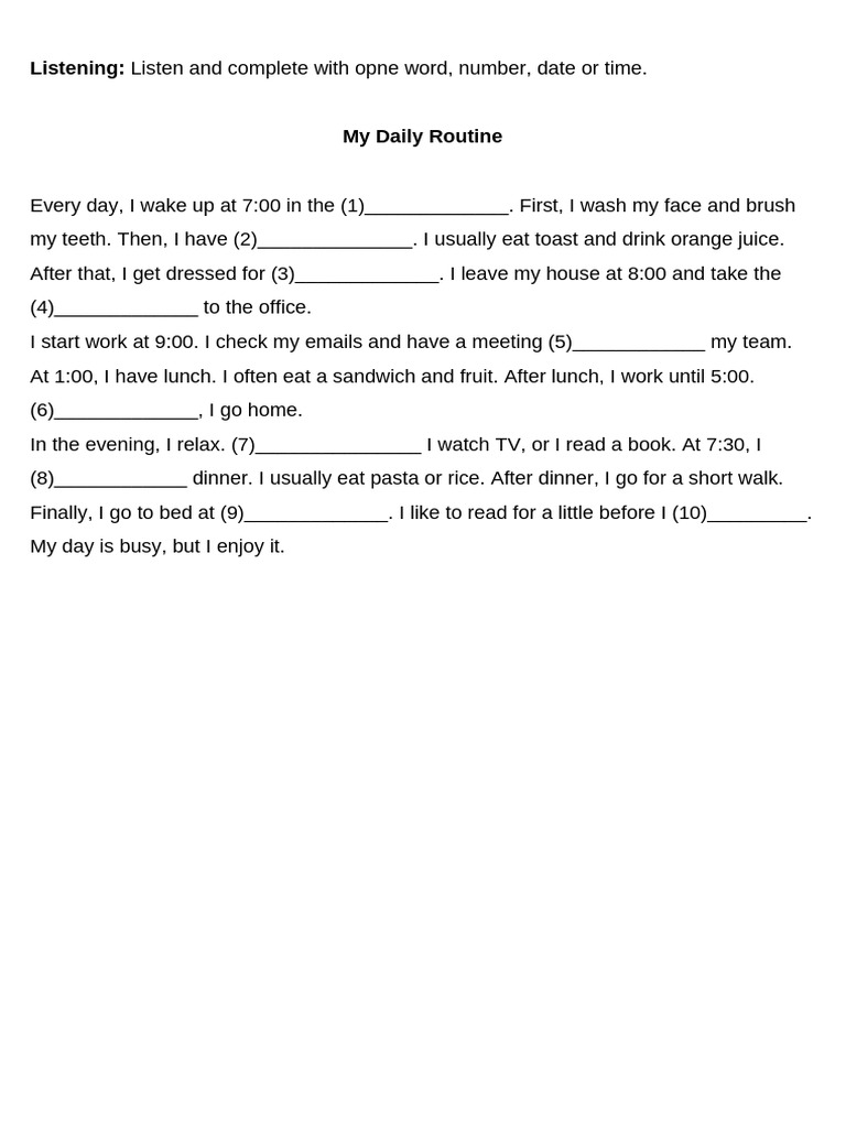 Daily Routine Listening Exercise | PDF | Wellness