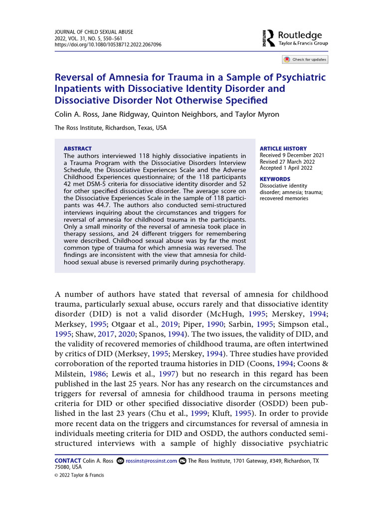 Reversal of Amnesia For Trauma in A Sample of Psychiatric | PDF ...
