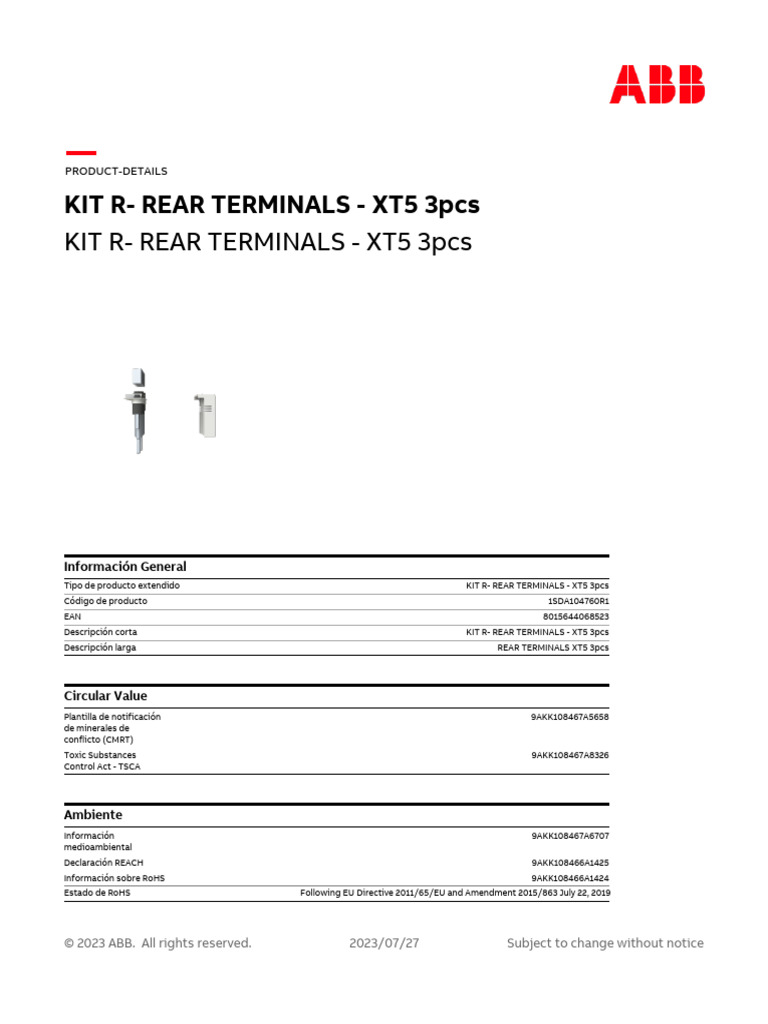 1SDA104760R1 Kit R Rear Terminals xt5 3pcs | PDF