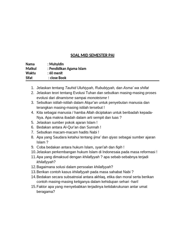 Soal Uts Pai 2024 | PDF | Agama & Spiritualitas