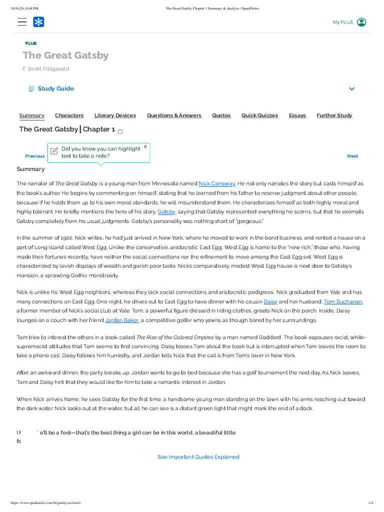 English - The Great Gatsby Chapter 1 Summary & Analysis SparkNotes ...