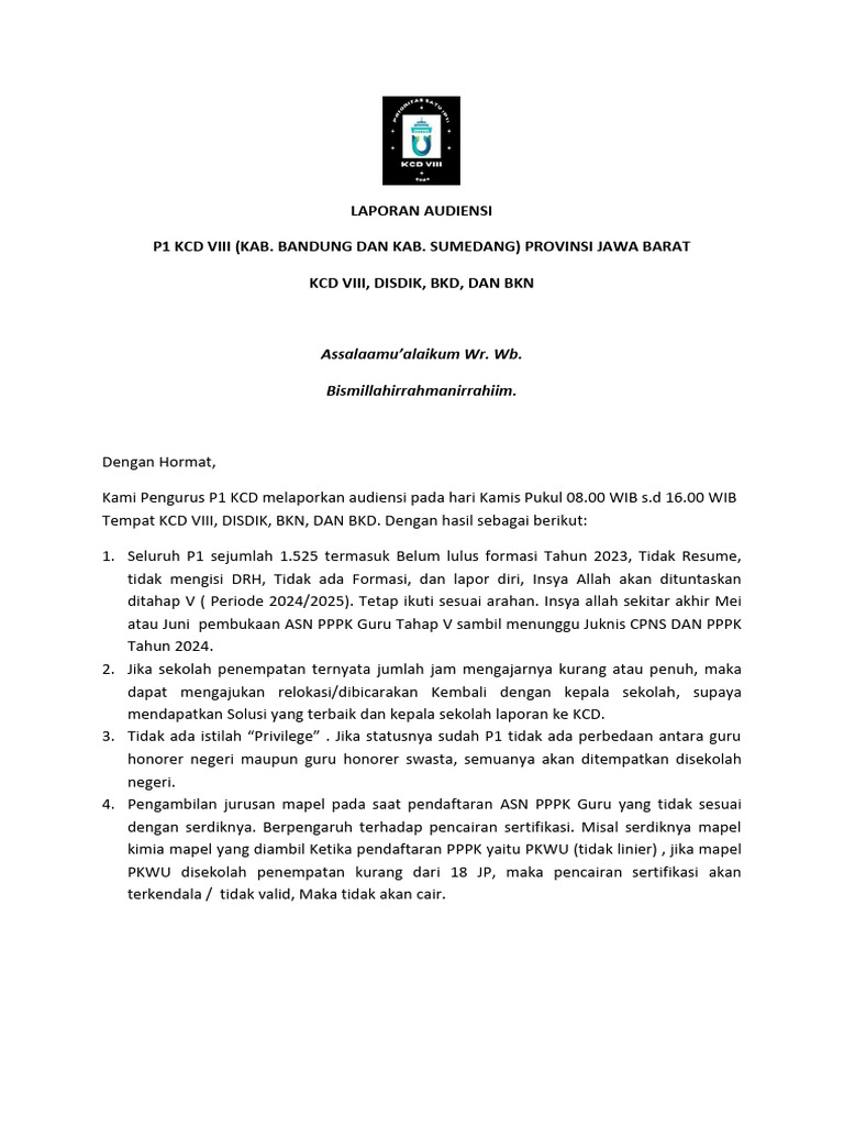 Laporan Audiensi P1 KCD Viii - KCD, Disdik, BKN, BKD | PDF