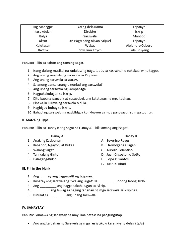 Final Quiz Sarswela | PDF