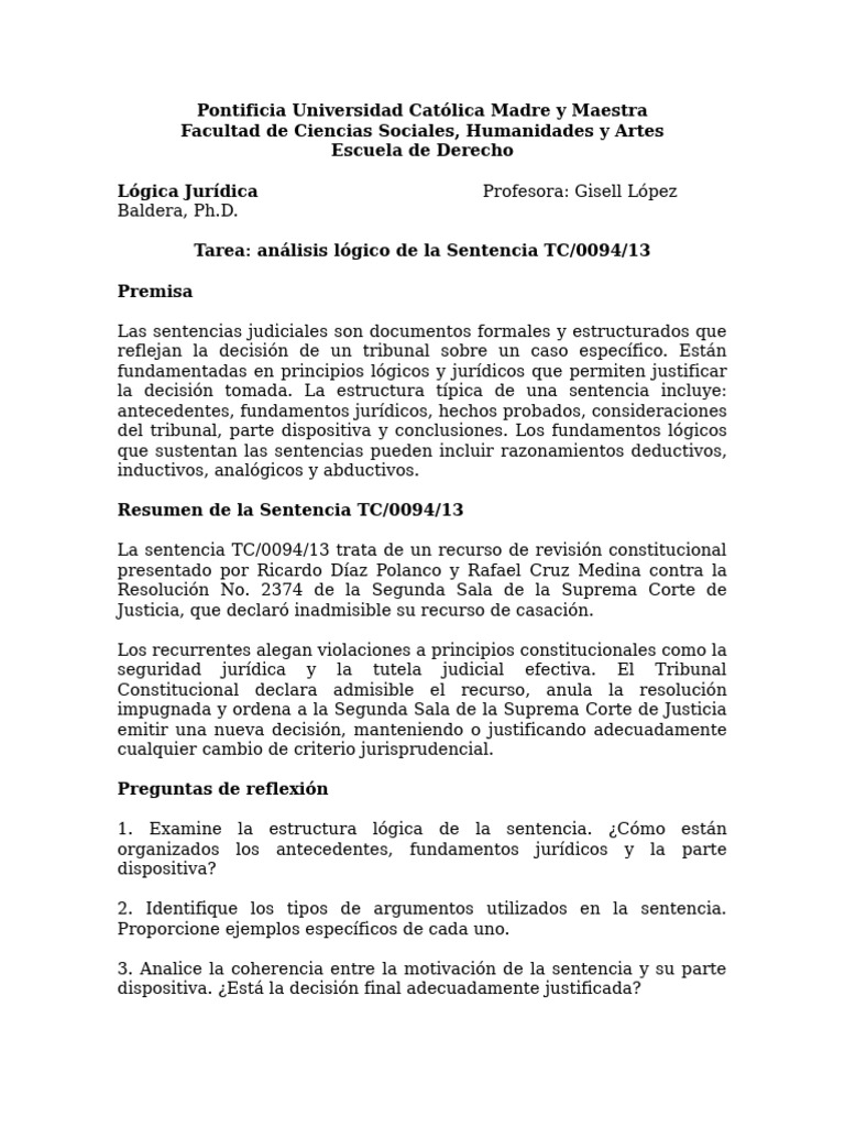 Tarea LoÌ Gica JuriÌ Dica | PDF | Sentencia (ley) | Caso de ley