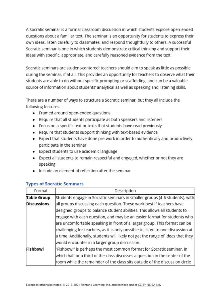 Socratic Seminar Guide & Formats | PDF | Creative Commons License ...