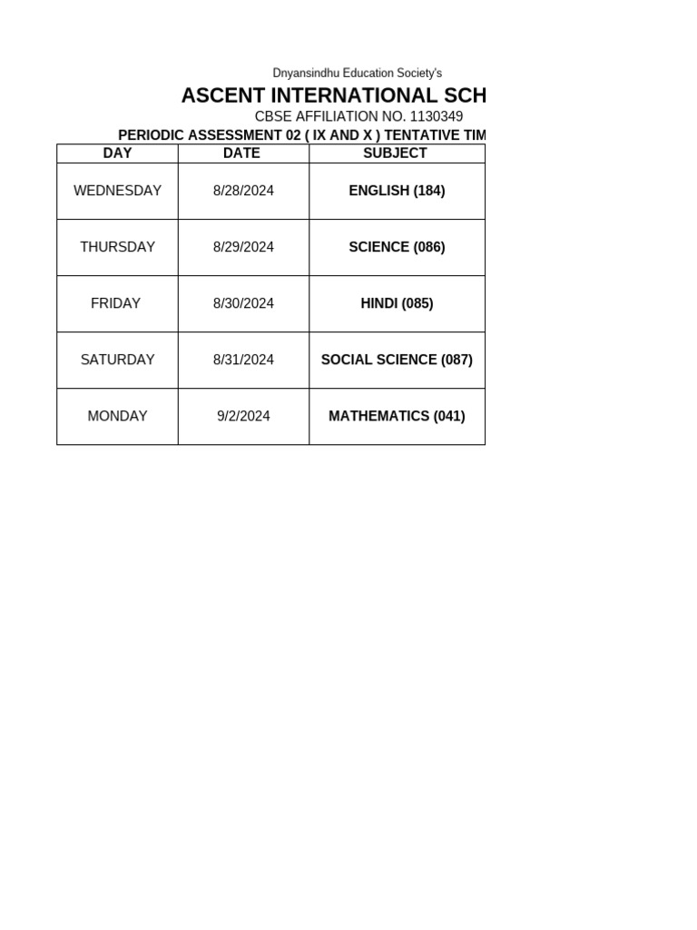 Pa2 Time Table Ix and X Tentative 2024-25-1 | PDF | Social Science | Science & Mathematics