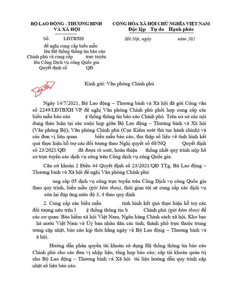 CV 2307 Gui VPCP Cap Nhat Biểu Mẫu Báo Cáo Va DVC 19-7-2021 Signed | PDF