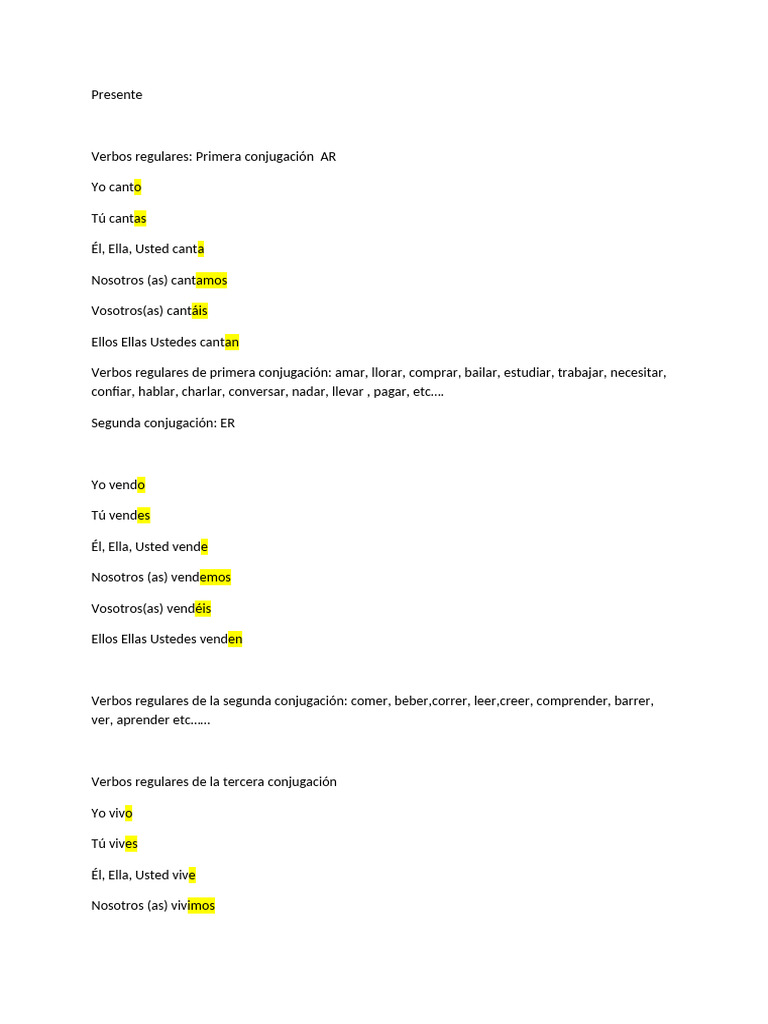 Lista Verbos Presente Pdf Verbo Tipología Lingüística