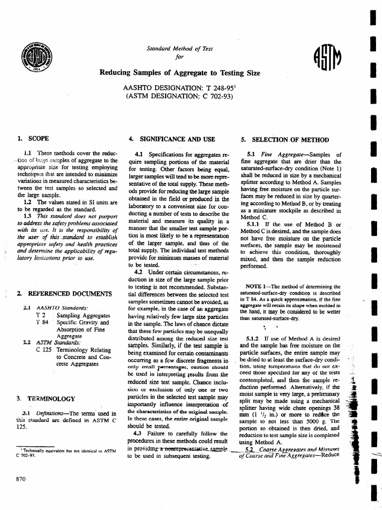 AASHTO T 248-95 Reducing Field Samples of Aggregte to Testing Size | PDF