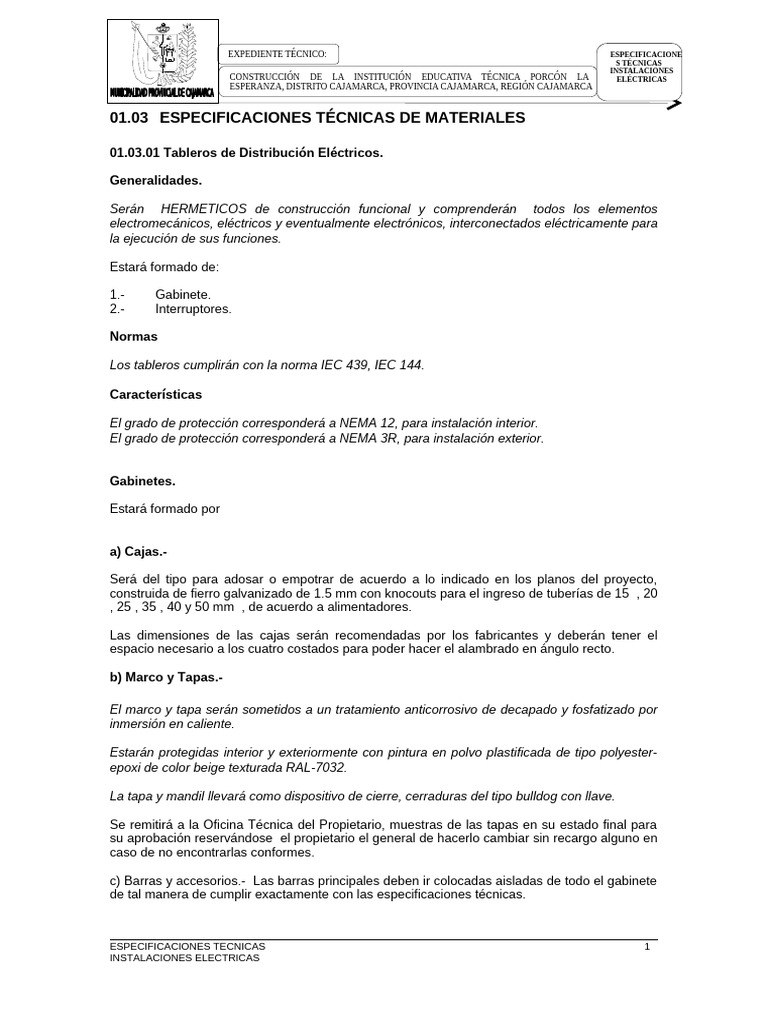 Especificaciones Tecnicas de Instalaciones Eléctricas | PDF | Conductor electrico | Cobre