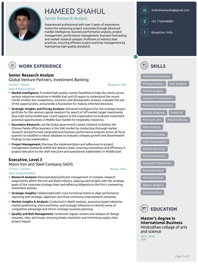 Hameed Shahul CV, Senior Research Expertise | PDF | Financial Analyst | Marketing Research