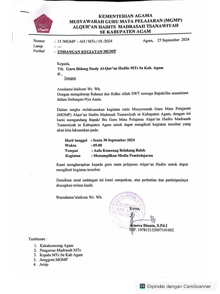 Undangan Dan Absen MGMP Alquran Hadis Senin 30 September 2024 | PDF