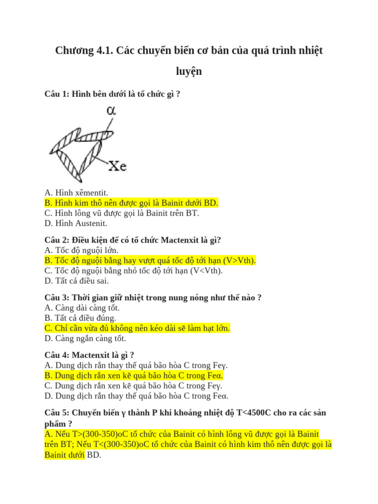 Câu Hoi TN Chương 4.1 - Các Chuyen Bien Co Ban Cua Qua Trinh Nhiet Luyen | PDF