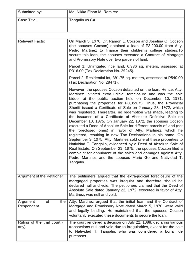 Tangalin Vs CA | PDF | Foreclosure | Civil Law (Common Law)