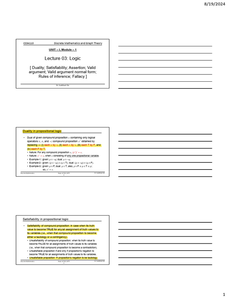 Lecture03 (Unit1, Module1-Duality Satisfiability Assertion Argument RulesOfInference Fallacy ...