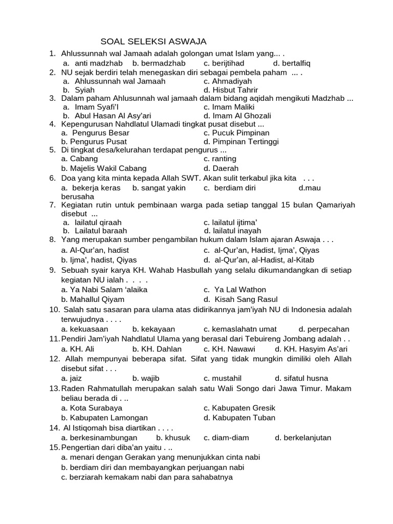 Soal Seleksi Aswaja | PDF