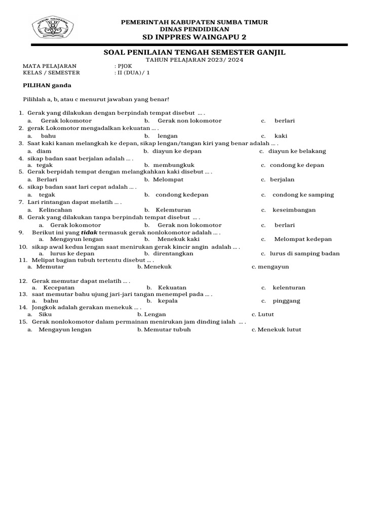 Soal PTS Pjok Kelas 2 | PDF