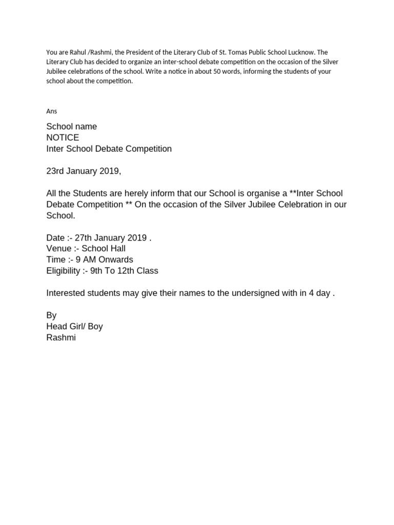 Inter-School Debate Competition Notice | PDF